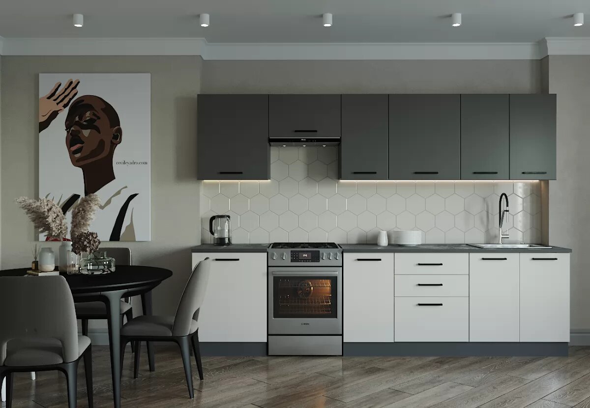 Кухонный гарнитур Sanvut Лофт-3000 столешница 26 мм, каркас ЛДСП, фасад ЛДСП, Антрацит/Жемчуг