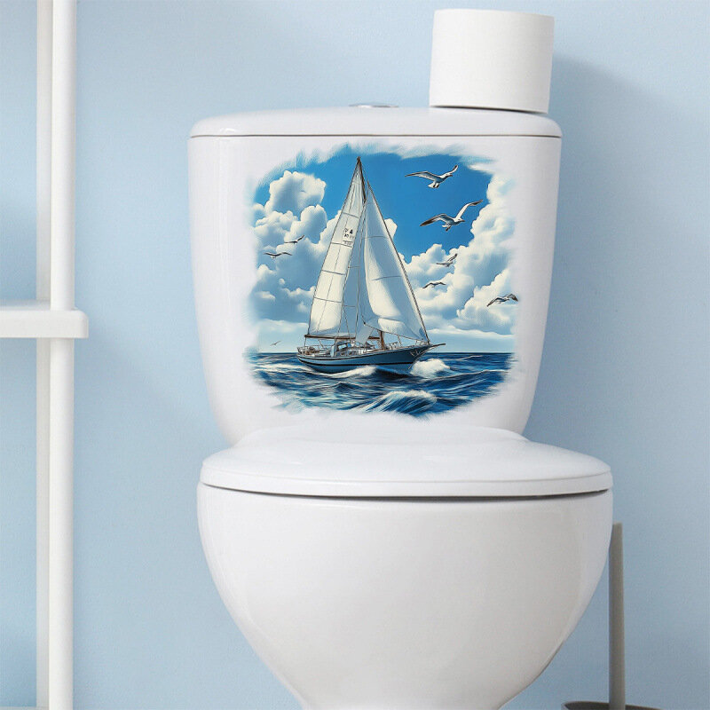 Съемные наклейки на стену унитаза из ПВХ, обои с изображением парусника в океане, водостойкие настенные украшения для ванной комнаты, самоклеящиеся настенные украшения в морской тематике для дома, гостиной, ванной комнаты и туалета