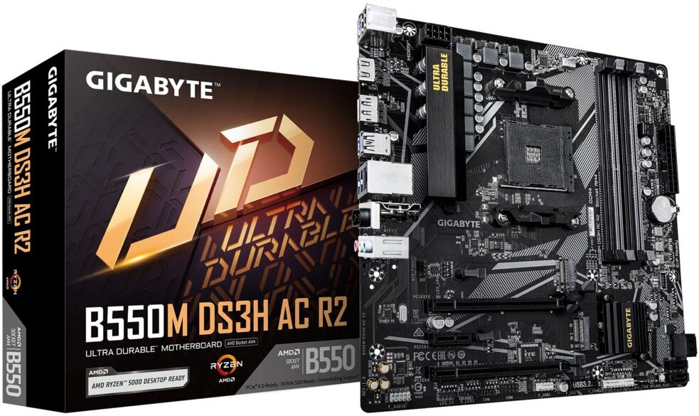 Материнская плата Gigabyte B550M DS3H AC R2, AM4, AMD B550, 4xDDR4, 4xSATA, 2xM.2, 1xPCIe 4.0 x16, 1xPCIe 3.0 x4, 1xPCIe 3.0 x1, 1xDP, 1xHDMI, 1x1Gb LAN, Wi-Fi, Bluetooth 5.0, 4xUSB-A 5Gbps, 2xUSB-A 2.0, 3x3.5 мм, 7.1, mATX