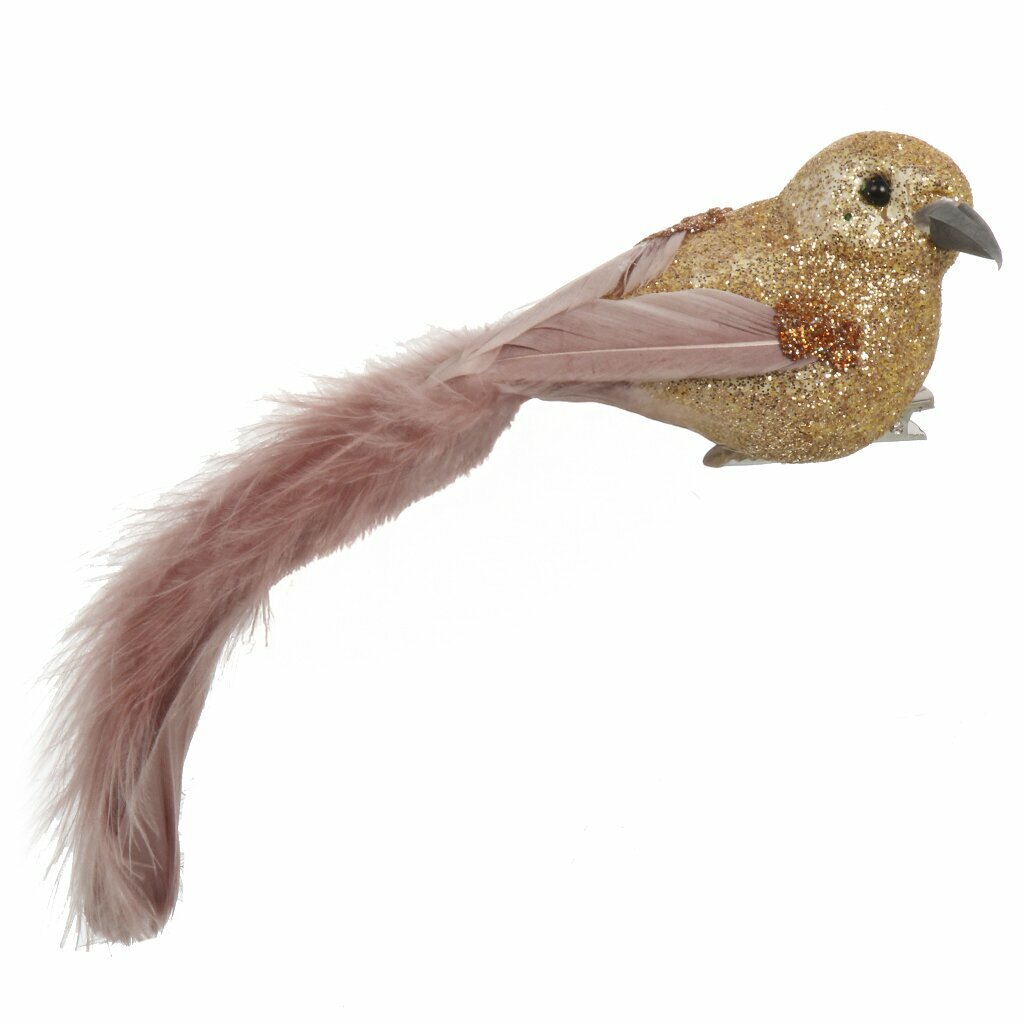 Елочное украшение Птичка, шампань, 18 см, блестящее, розовое