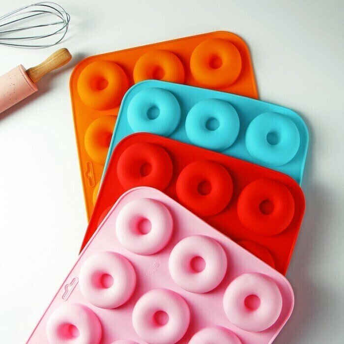 !09 ! Форма силиконовая для выпечки «Сладости. Пончик», 33×25×2 см, 12 ячеек, d=6,8 см, цвет микс
