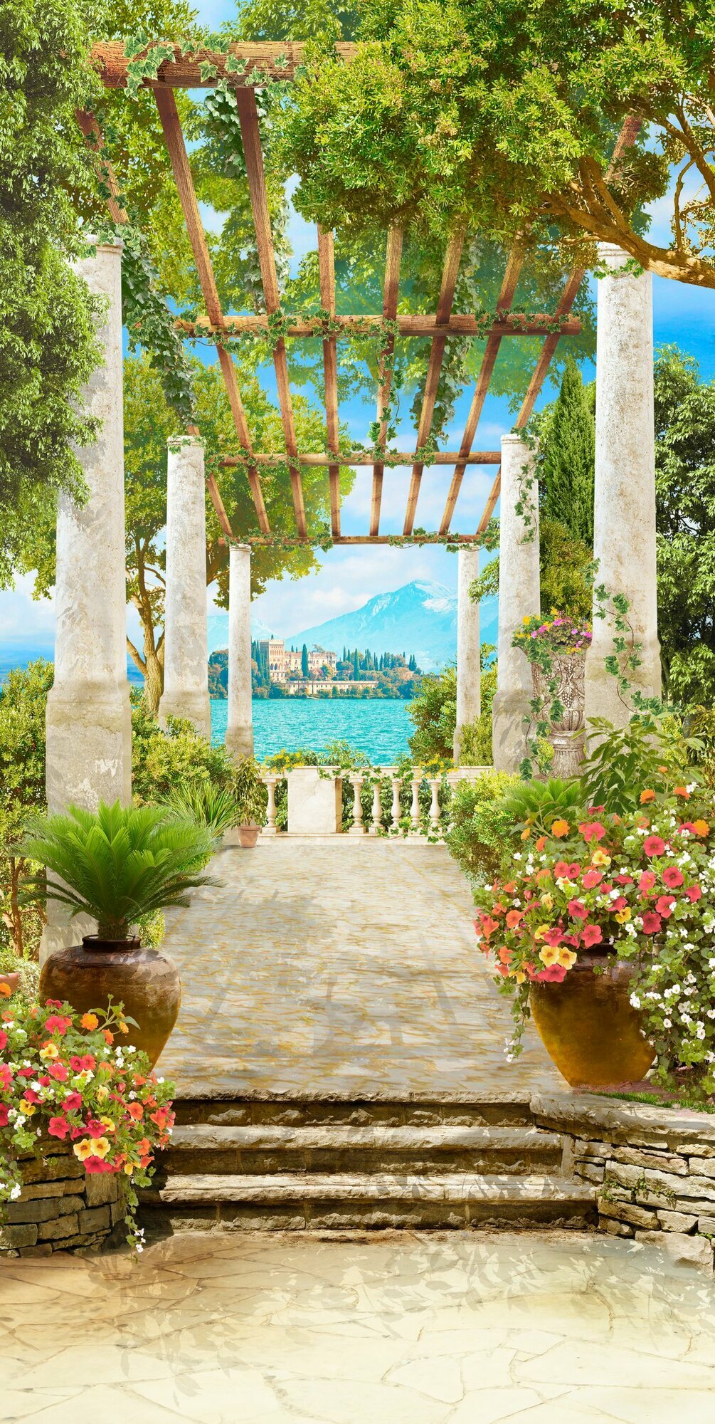 Фотообои Уютная стена "Зеленая терраса с перголой у моря" 140х270 см Бесшовные Премиум (единым полотном)