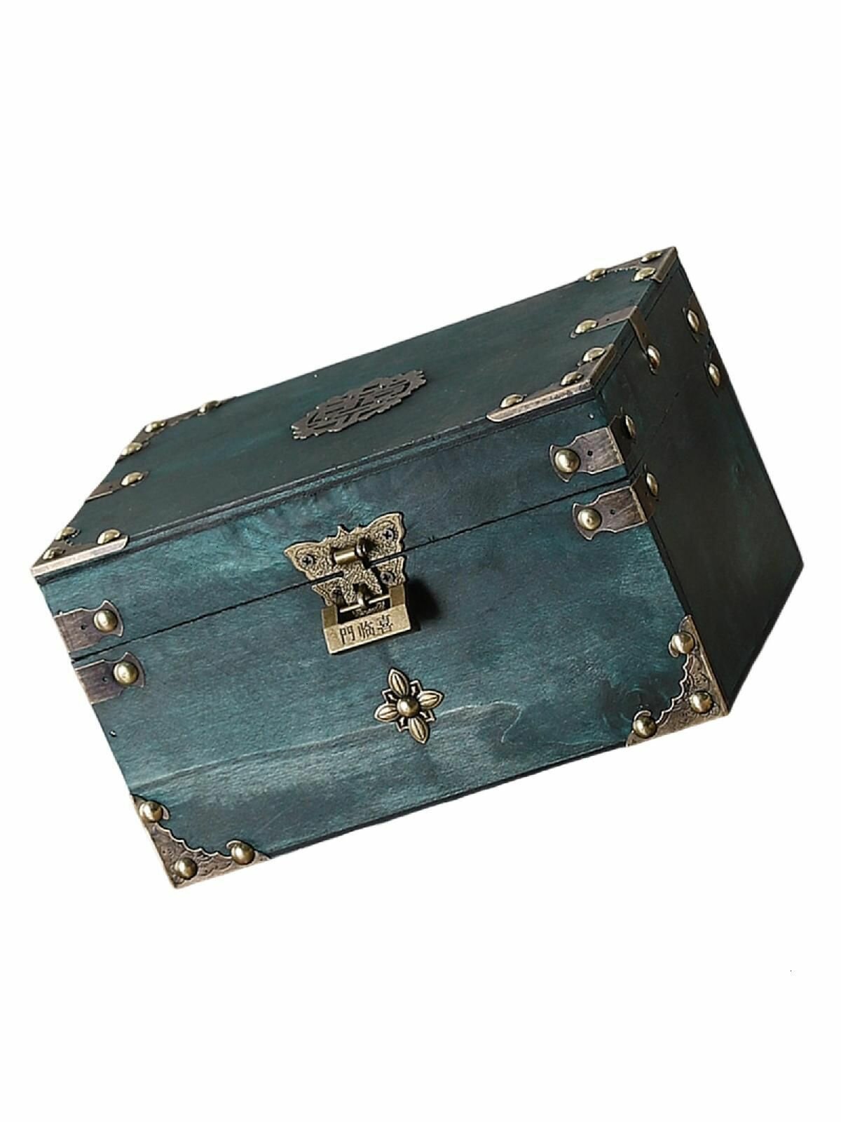 Кофр для хранения вещей, Квадратный деревянный ящик для хранения в китайском стиле -Сундук с сокровищами-Изумруд + Силиньмэнь