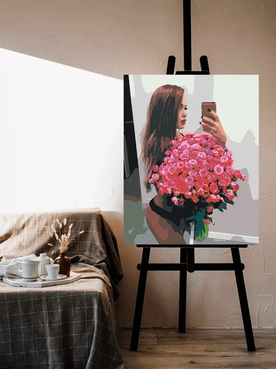 Картина по номерам Девушка Цветы Букет Розовых Роз