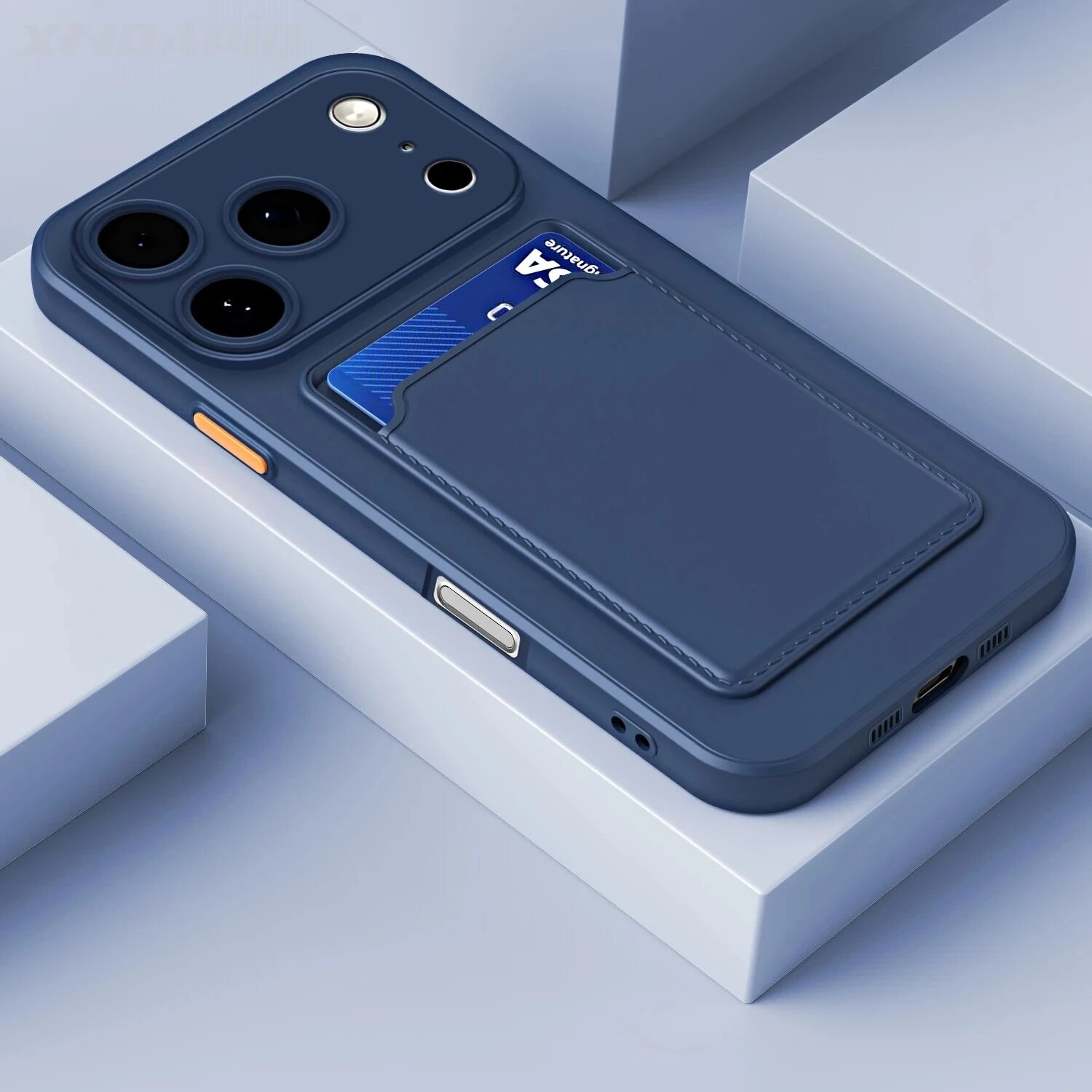 Чехол для iPhone 15 Pro Max, темно-синий, с карманом для карт