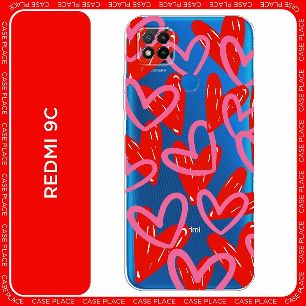 Чехол на Xiaomi Redmi 9C / Сяоми Редми 9C с принтом "Hearts doodles - 14 февраля", прозрачный
