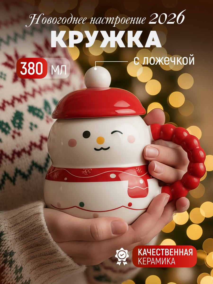 Кружка для чая новогодняя "Снеговик N2" красная ручка 380 мл, с крышкой и ложкой, керамика, подарочная, праздничная
