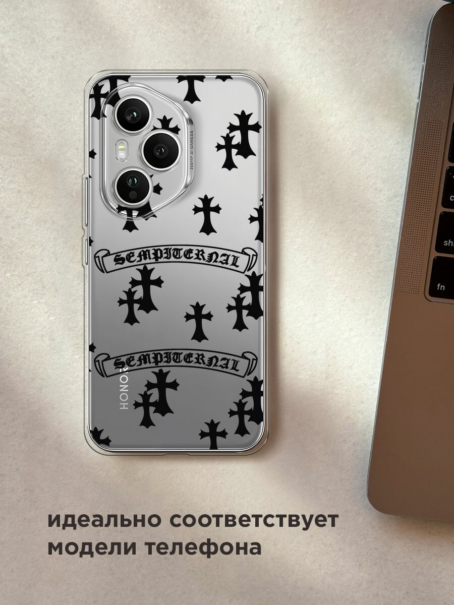 Чехол на Honor 400 Pro / Хонор 400 Про с принтом "Кресты паттерн чёрный", прозрачный — фото 1