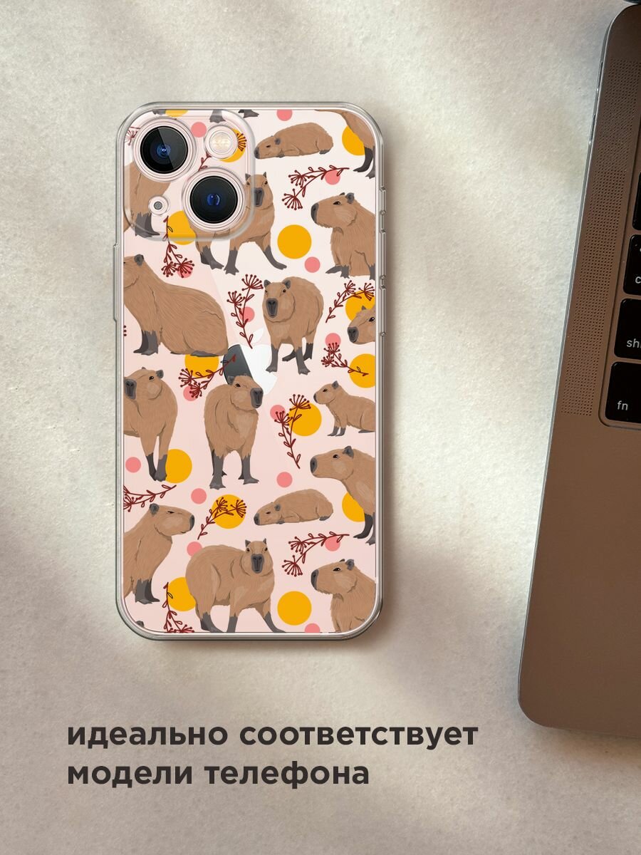 Чехол на Apple iPhone 13 mini / Айфон 13 мини с принтом "Капибара паттерн", прозрачный — фото 1
