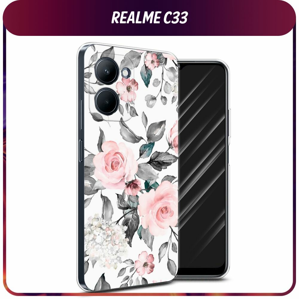Силиконовый чехол на Realme C33 / Реалми С33 с принтом "Розы на белом"