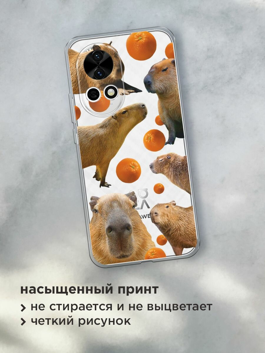 Чехол на Huawei Nova 12/Nova13 / Хуавей Нова 12/Нова 13 с принтом "Капибара и апельсины", прозрачный — фото 1