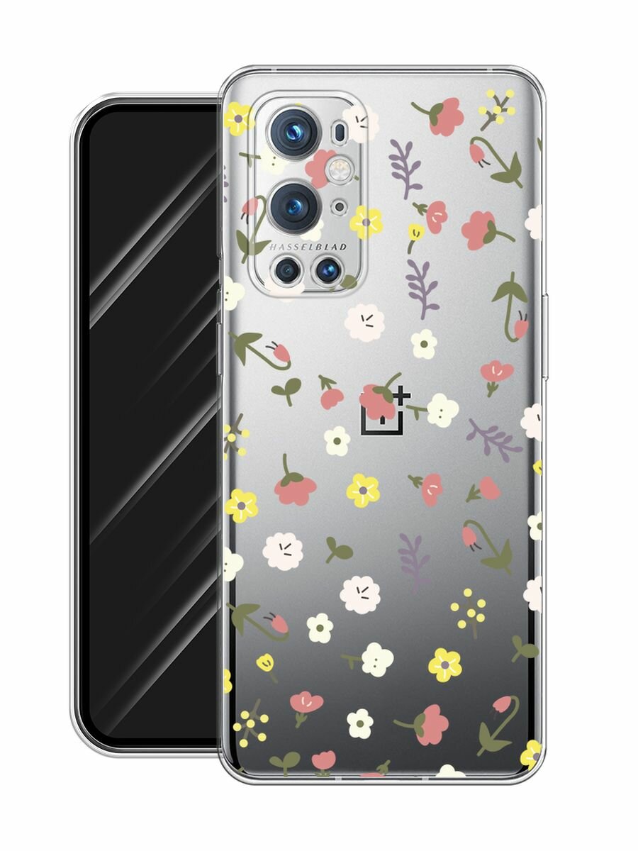 Чехол на OnePlus 9 Pro / ВанПлас 9 Про с принтом "Россыпь цветов рисунок", прозрачный — фото 1