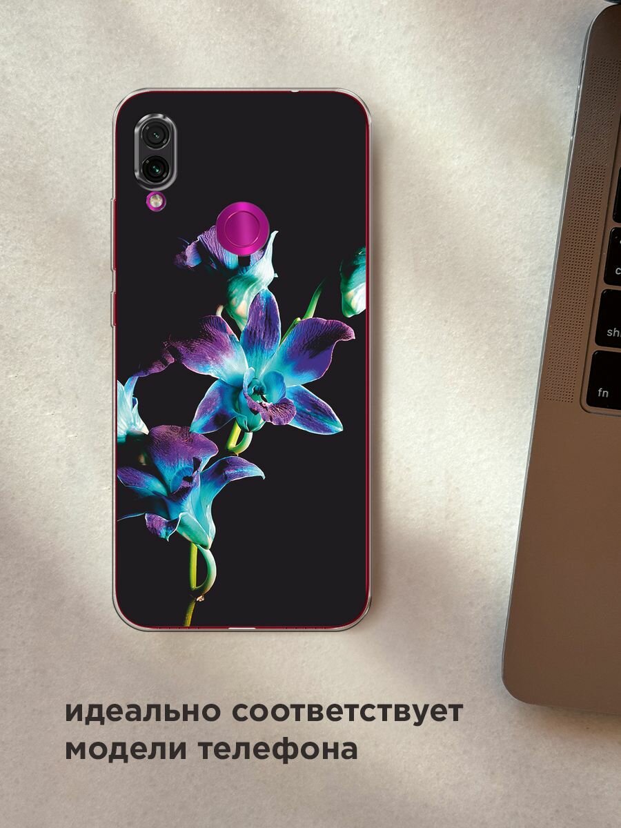 Чехол на Xiaomi Redmi Note 7 / Сяоми Редми Нот 7 с принтом "Синий цветок на черном" — фото 1