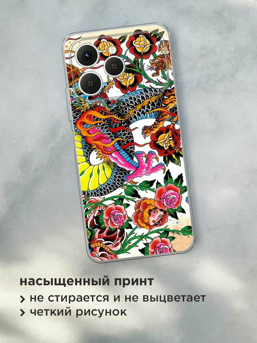 Чехол на Tecno Spark 40 / Текно Спарк 40 с принтом "Дракон в цветах" — фото 1