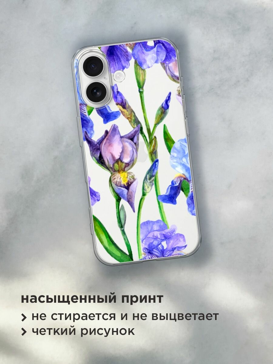 Чехол на Apple iPhone 17 / Айфон 17 с принтом "Синие ирисы", прозрачный — фото 1