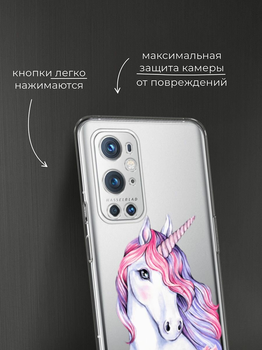 Чехол на OnePlus 9 Pro / ВанПлас 9 Про с принтом "Единорог с пионами", прозрачный — фото 1
