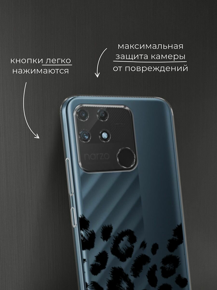 Чехол на Realme Narzo 50A / Реалми Нарзо 50A с принтом "Окрас леопарда фон черный", прозрачный — фото 1