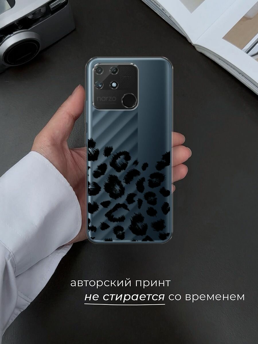 Чехол на Realme Narzo 50A / Реалми Нарзо 50A с принтом "Окрас леопарда фон черный", прозрачный — фото 1