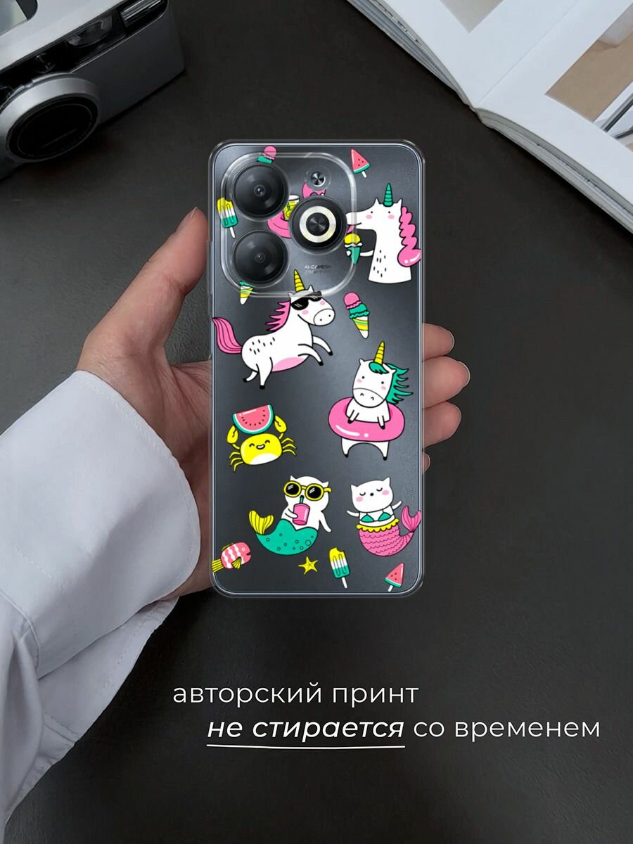 Чехол на Infinix Smart 8/8 HD/HOT 40i / Инфиникс Смарт 8/8 HD/HOT 40i с принтом "Единороги в отпуске", прозрачный — фото 1