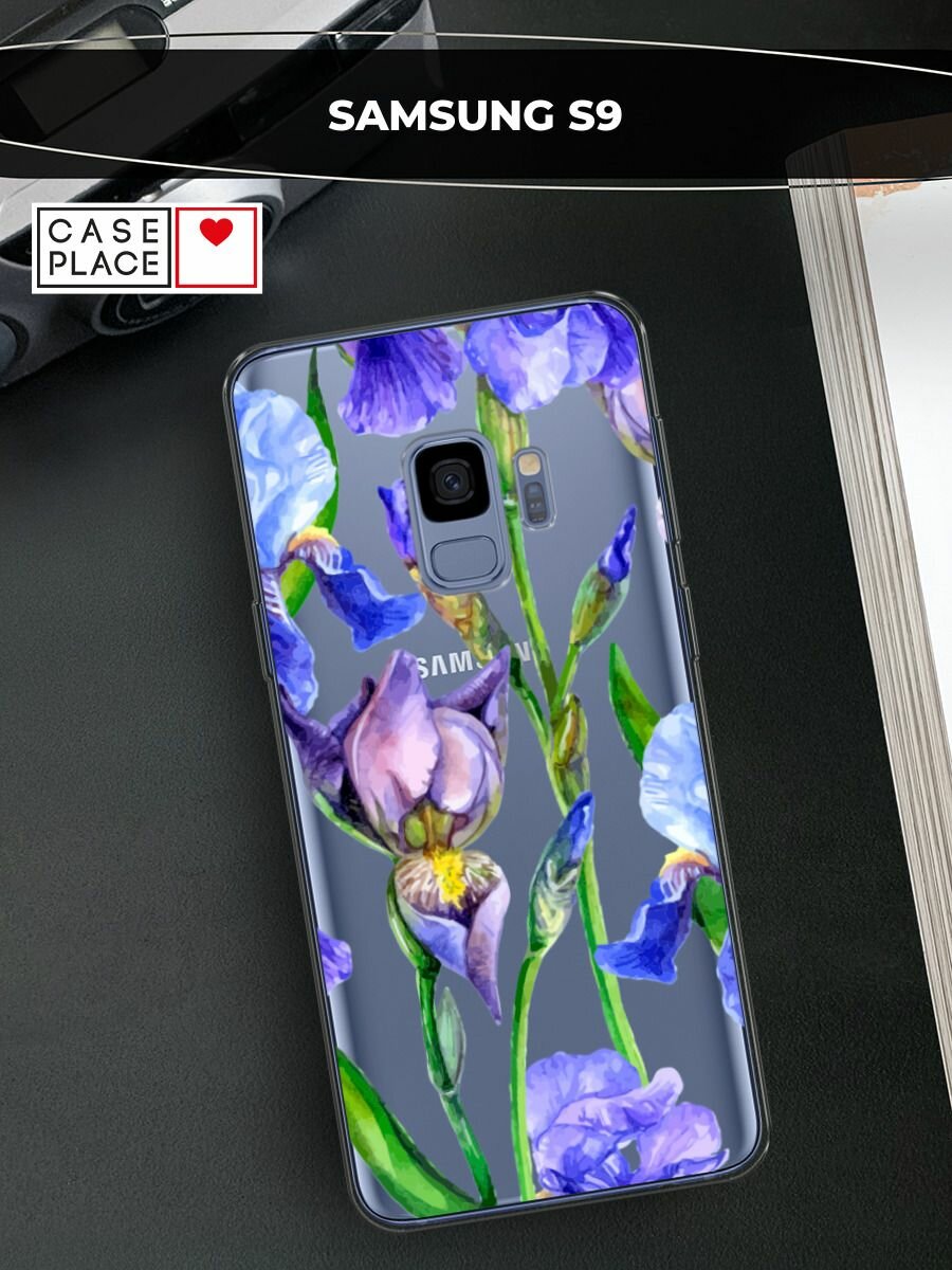 Чехол на Samsung Galaxy S9 / Самсунг Галакси С9 с принтом "Синие ирисы", прозрачный