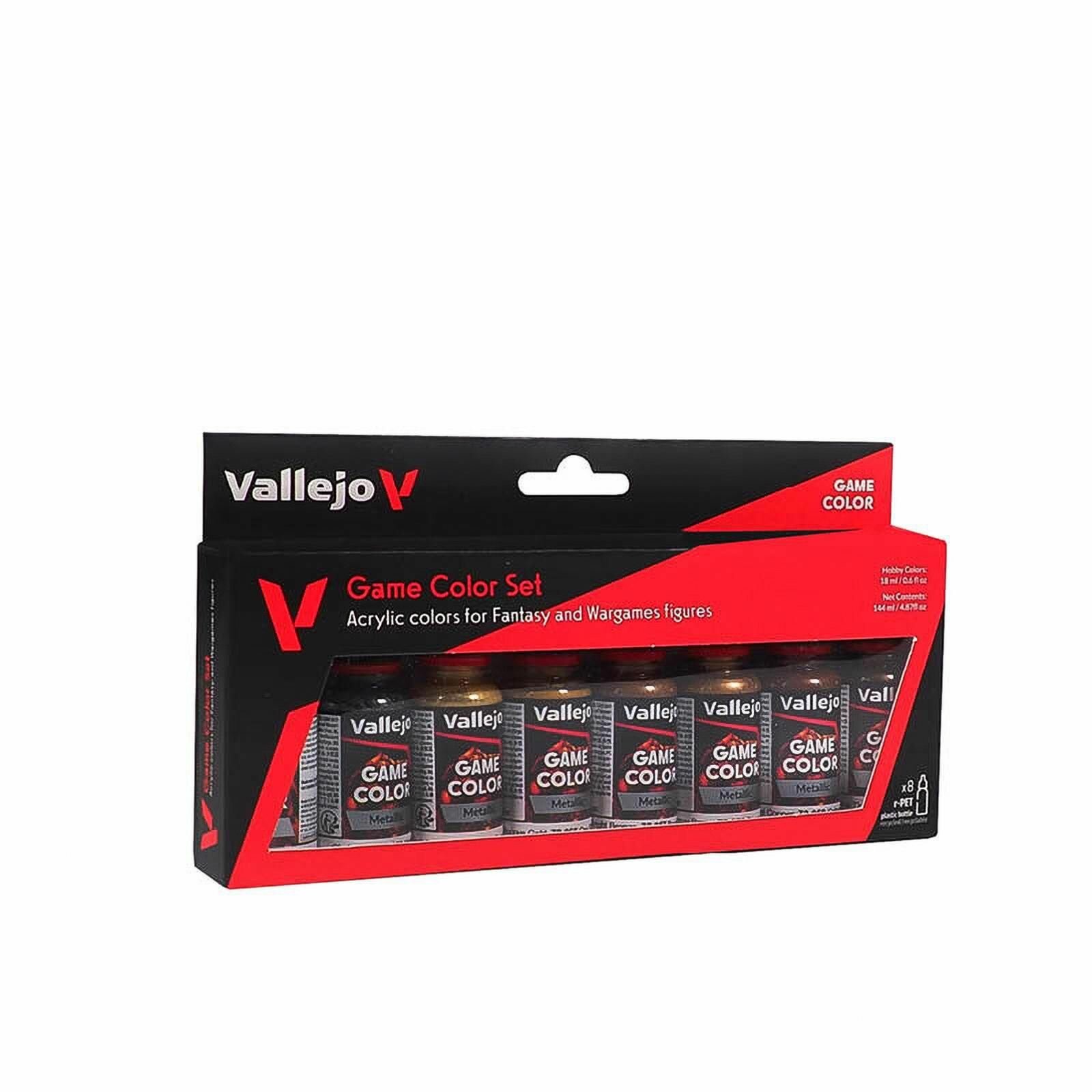 Акриловые краски Vallejo Game Color Metallic Colors набор 8х18 мл для миниатюр, серебро золото бронза медь, не тускнеют, ровное покрытие