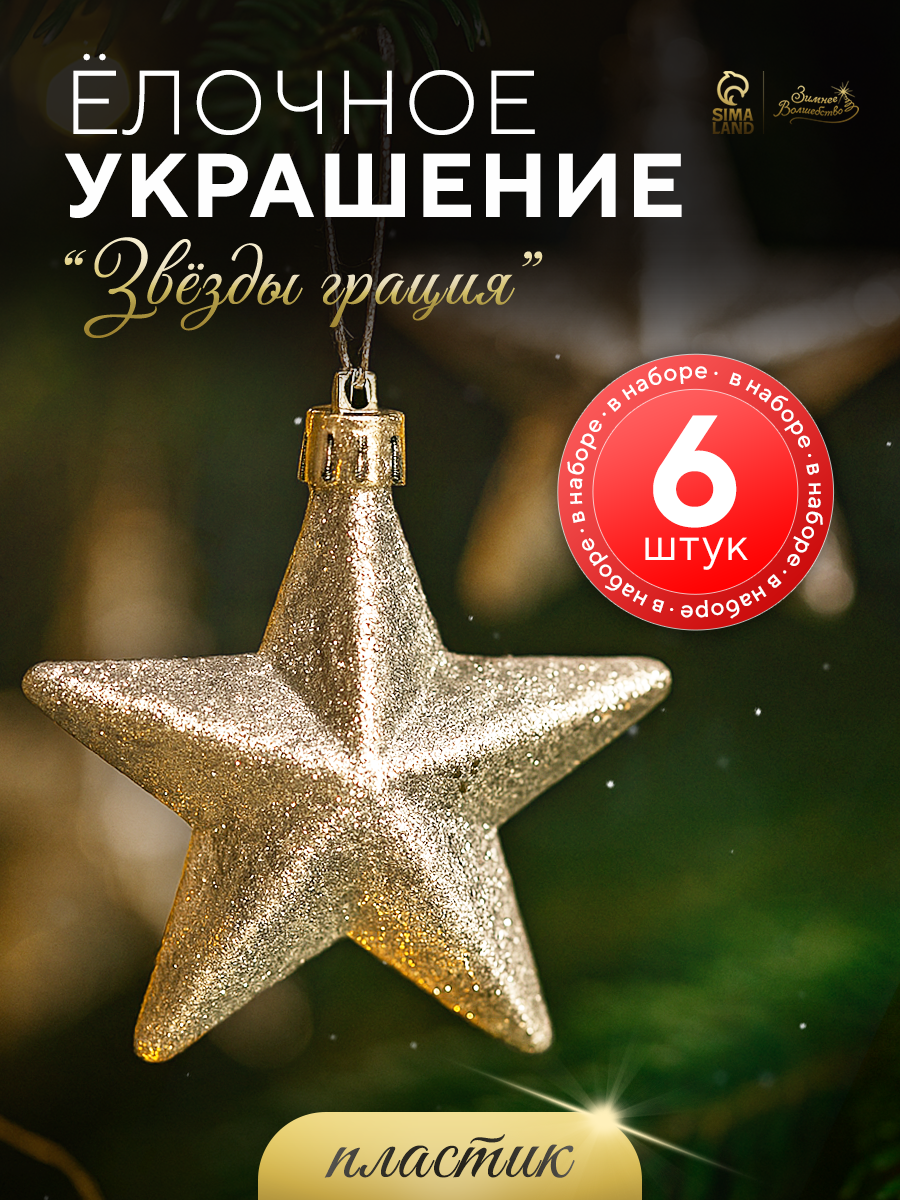 Ёлочные игрушки 6 шт. «Зимнее волшебство. Звёзды грация» пластик, 6х6 см, серебро