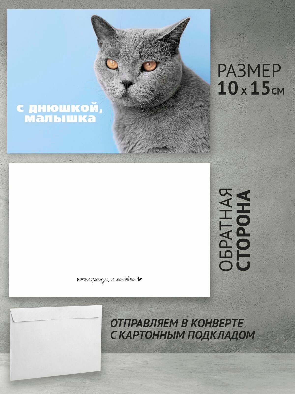 Подарочная открытка с уникальной иллюстрацией котик "С днюшкой, малышка" с днем рождения, с юбилеем
