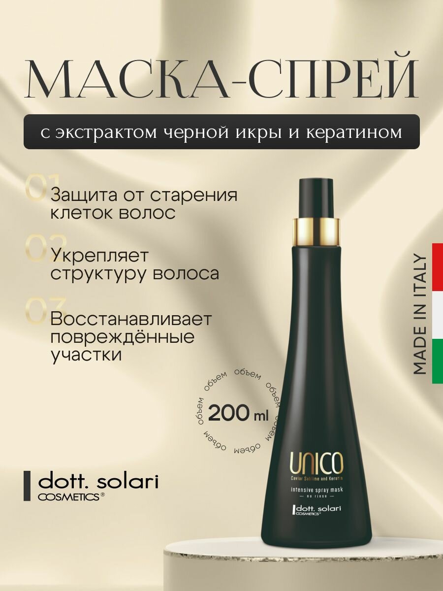 Маска-спрей UNICO с черной икрой и кератином несмываемая восстанавливающая маска для волос, 200 мл