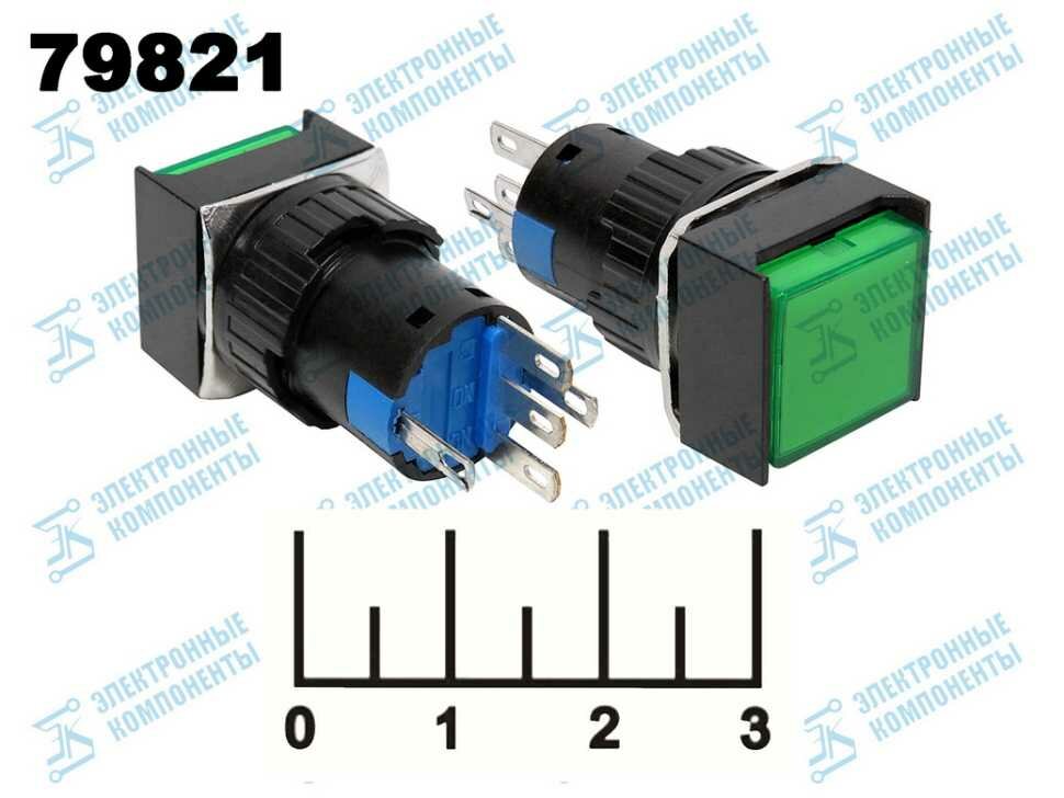Кнопка 250/3 AL6-A зеленая квадратная с фиксацией 5 контактов (подсветка 220V)