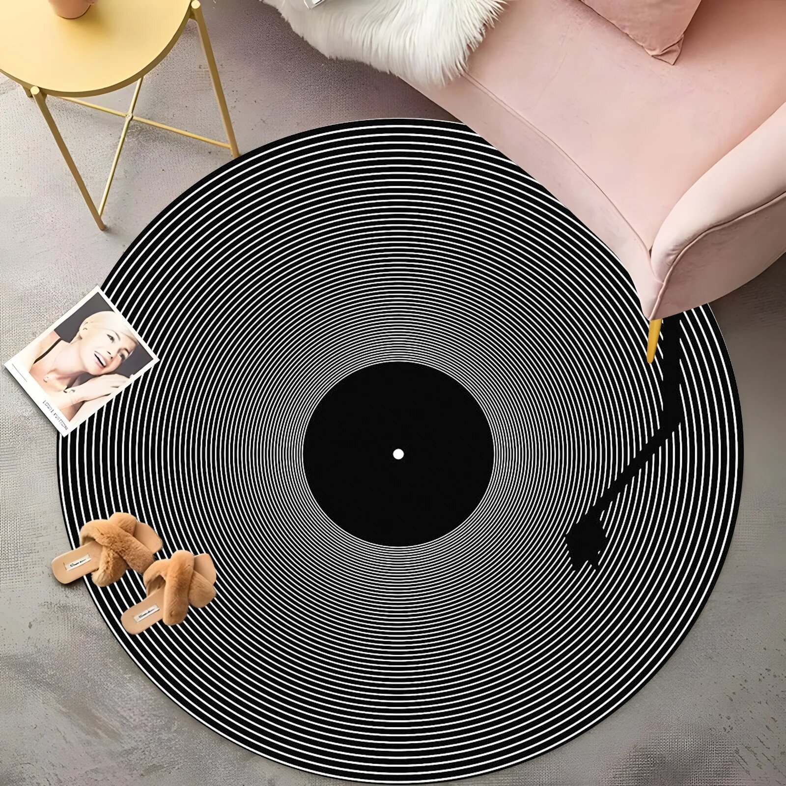 Круглый ковер с виниловой пластиной Black & White, 120cm-dia, Черный