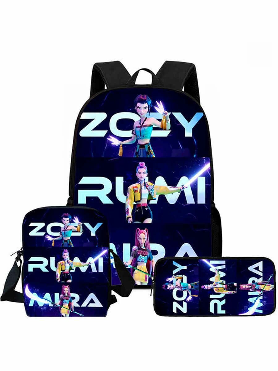 Детский набор из 3 предметов с принтом "K-POP Demon Hunter": рюкзак, сумка через плечо и пенал. Для школы, путешествий и кемпинга.