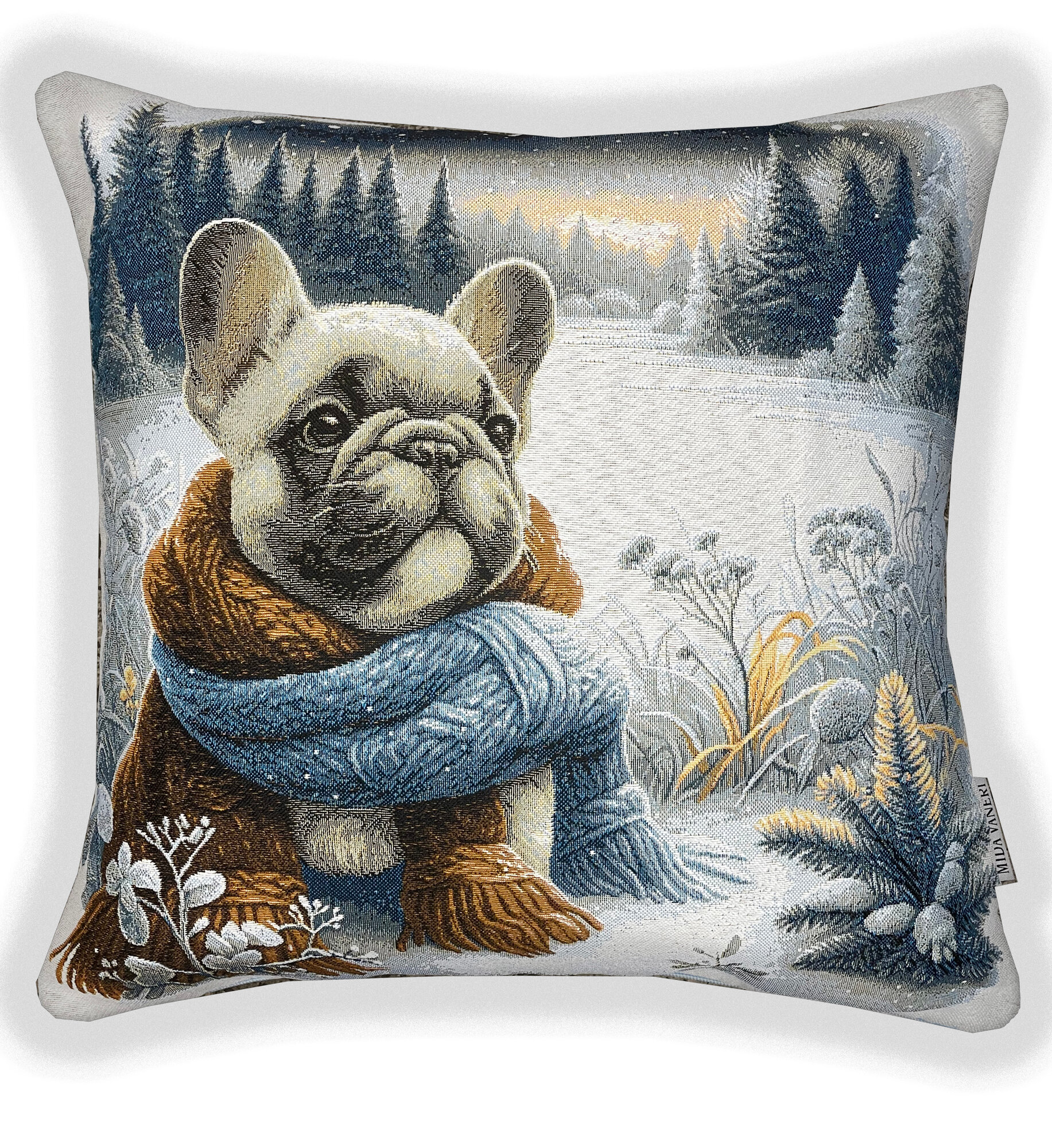 Декоративная гобеленовая наволочка "Французский бульдог и зимний лес" 45х45 см MIDA VANERI