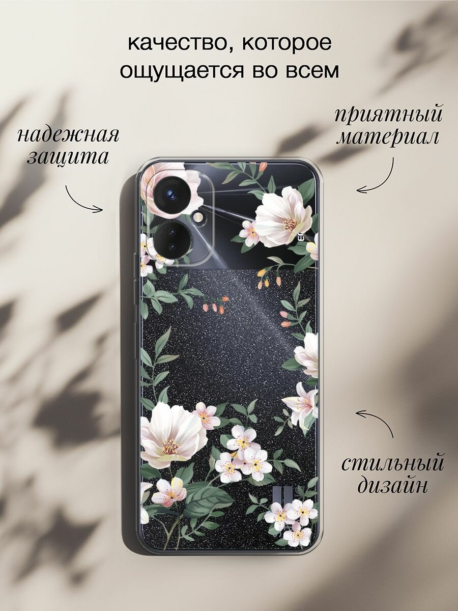 Чехол на Tecno Spark 9 Pro / Техно Спарк 9 Про с принтом "Beautiful white flowers", прозрачный — фото 1