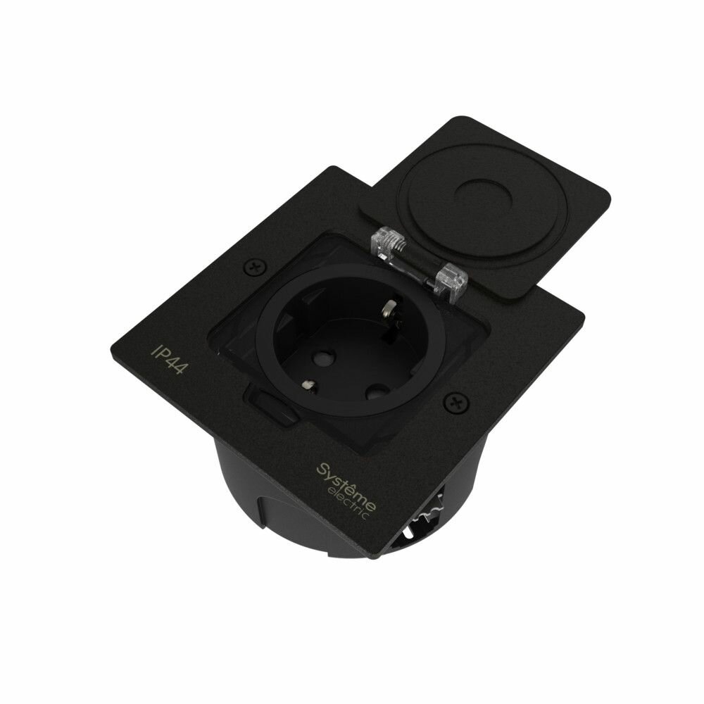 Лючок с розеткой 2К+З Systeme (Schneider) Electric MultiDesk, 16А/250В, IP44 с монтажной коробкой для стены, фальшпола, стола, цвет Чёрный матовый, тип MDK21, MDK21102MBA - 1 шт