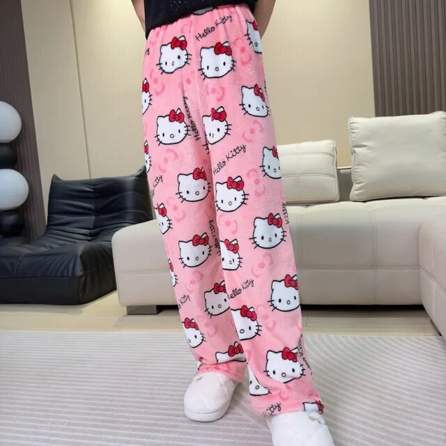 Рождественская пижама Hello Kitty в стиле аниме Sanrio 2024, новые фланелевые брюки для мужчин и женщин, зимние повседневные брюки, домашняя свободная пижама для женщин, Size: XXL