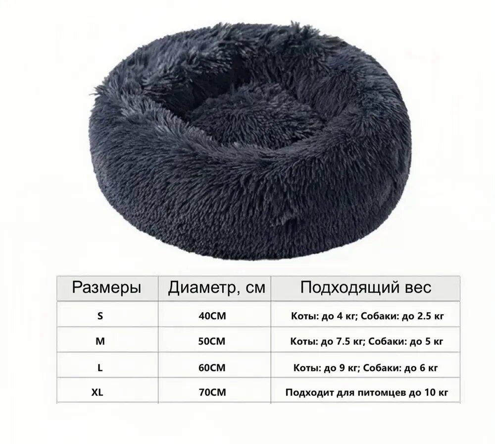 Лежанка пушистая для кошек и собак темно-серого цвета 38x38см от Хвостел