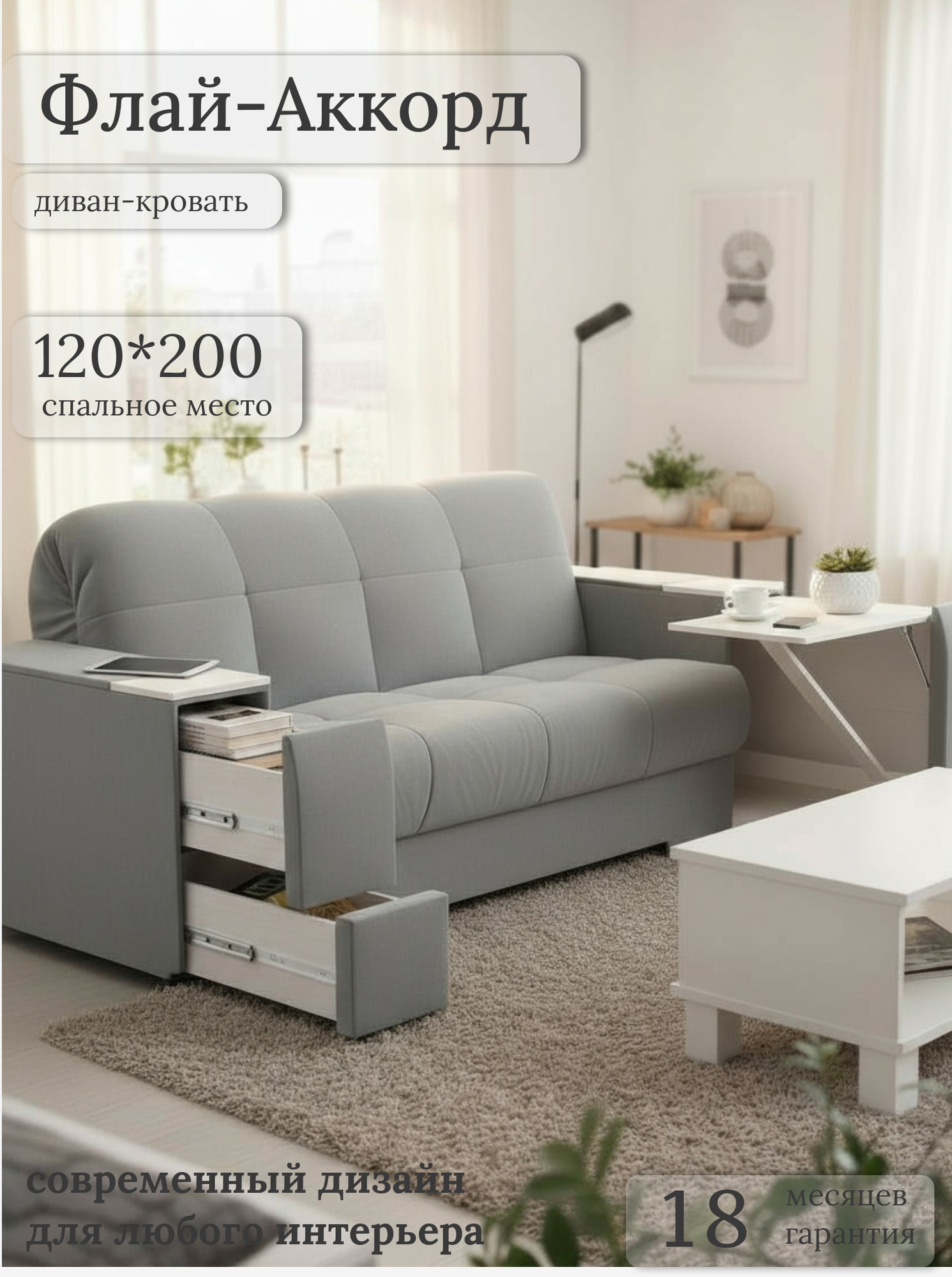 Диван-кровать аккордеон Флай -Аккорд 120х200 спальное место, матрас ППУ, НПБ со столиком