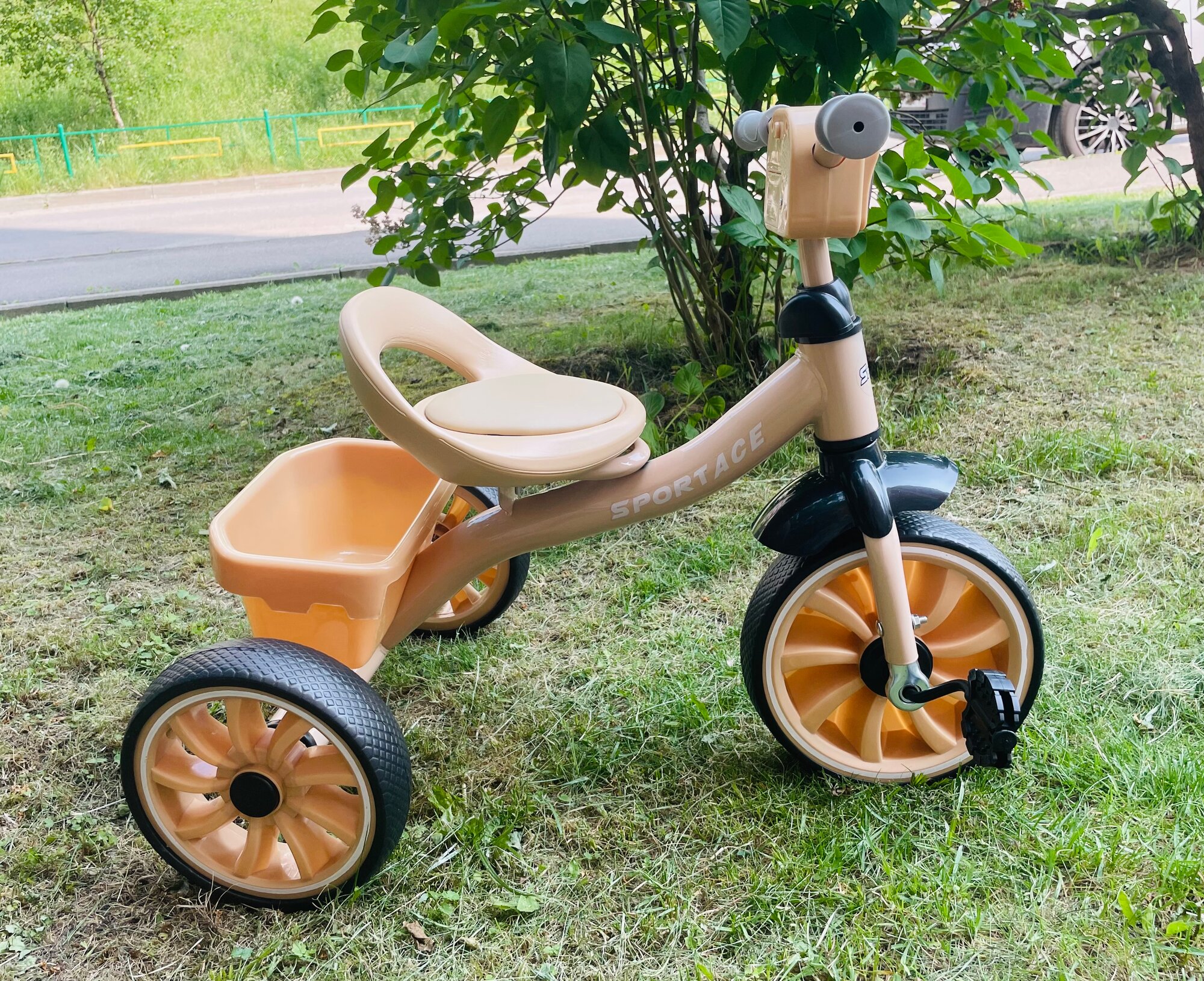 Велосипед детский, трехколесный, для малышей, с музыкой, фарой и кожаным сиденьем, бежевый