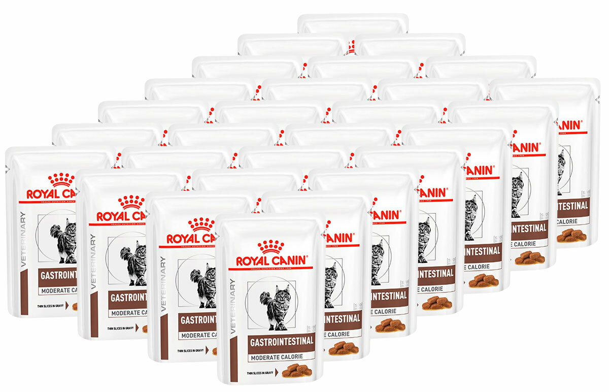 Корм влажный Royal Canin Gastrointestinal Moderate Calorie для взрослых кошек при заболеваниях желудочно-кишечного тракта с умеренным содержанием энергии, кусочки в соусе, 85 гр х 28 шт