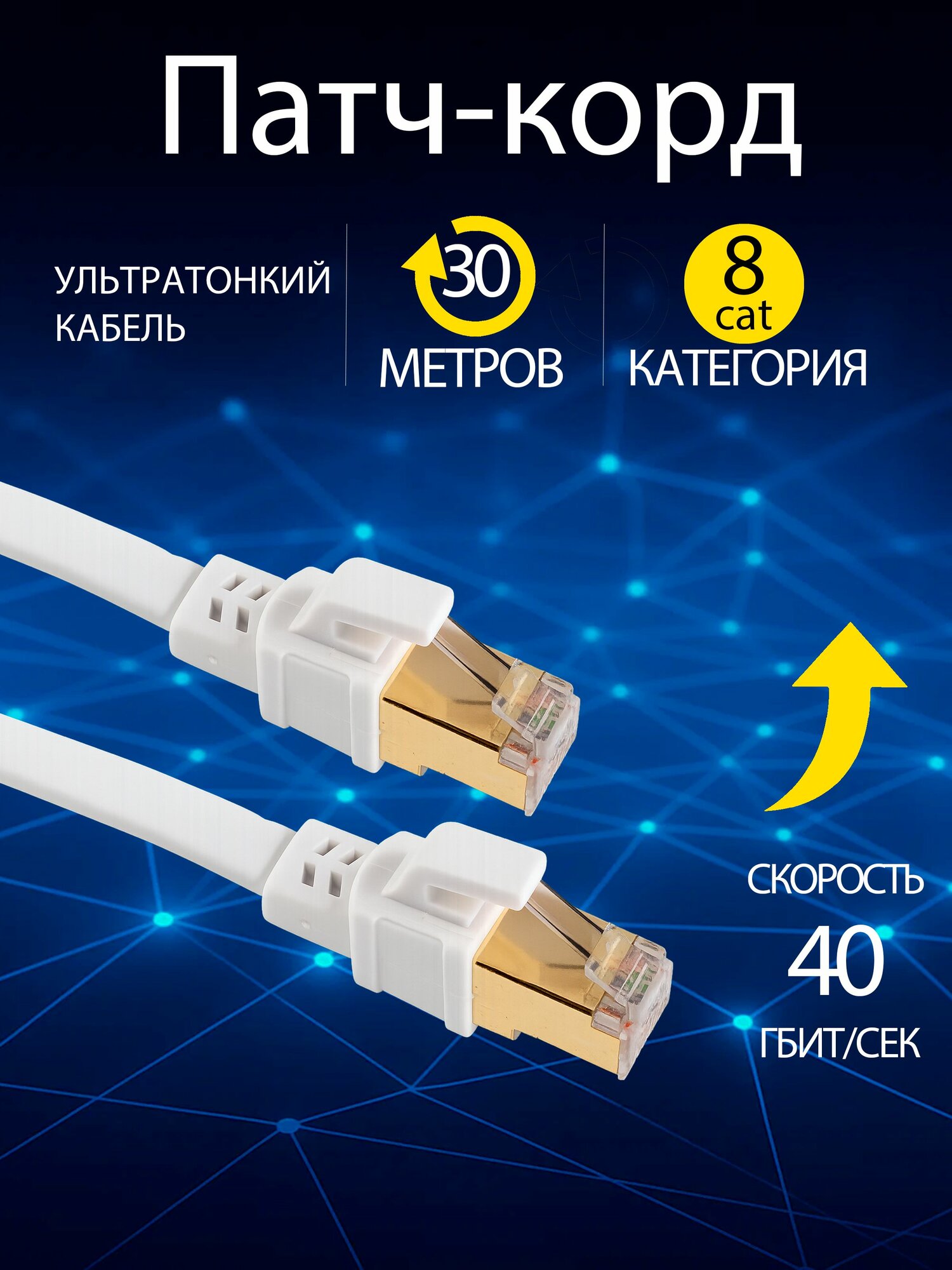 Интернет кабель / патч корд 30 метров белый, плоский lan кабель cat8, сетевой ethernet кабель rj-45 для интернета - высокоскоростной сетевой шнур