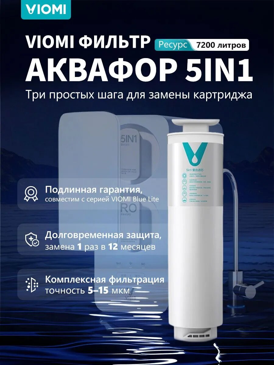Фильтр VIOMI 5-в-1 для умных очистителей воды, 7200л ресурс, совместим с Blue lite(400G/600G)