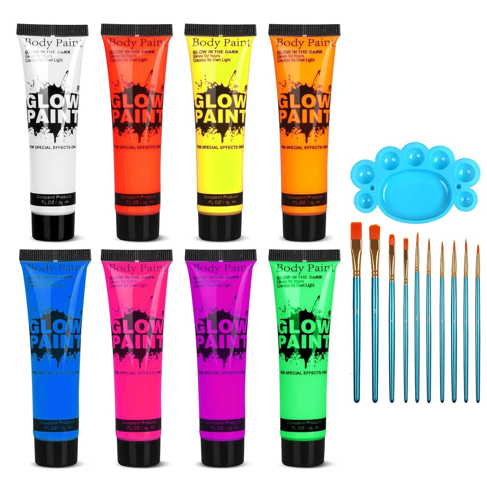 Набор Неоновых Красок Для Лица И Тела На Масляной Основе С УФ-эффектом — 8 Тюбиков, Светящиеся В Темноте