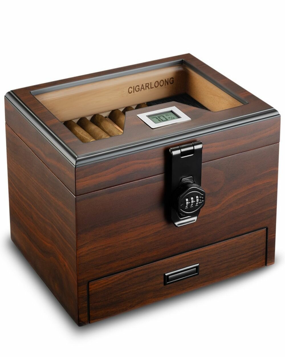 Хьюмидор для сигар CIGARLOONG с парольным замком, двухслойный большой вместительный хьюмидор из кедрового дерева с облицовкой и панорамным окном