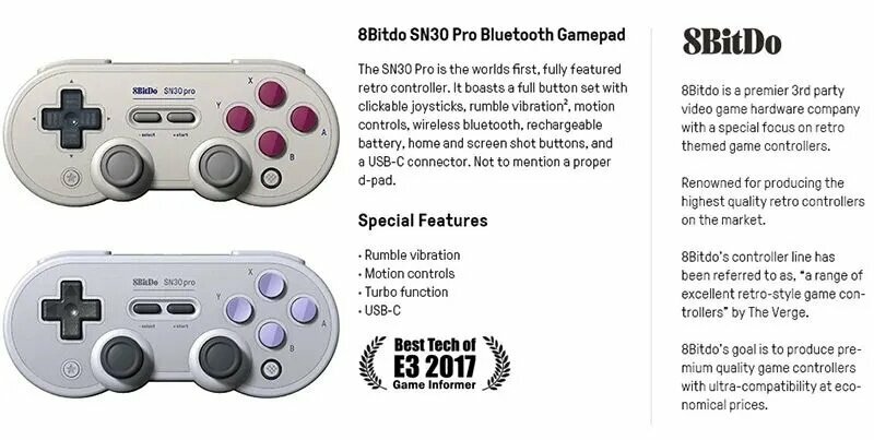 Геймпад 8Bitdo SN30 Pro Bluetooth, для Nintendo Switch, macOS, Android, Steam, Raspberry Pi — фото 1