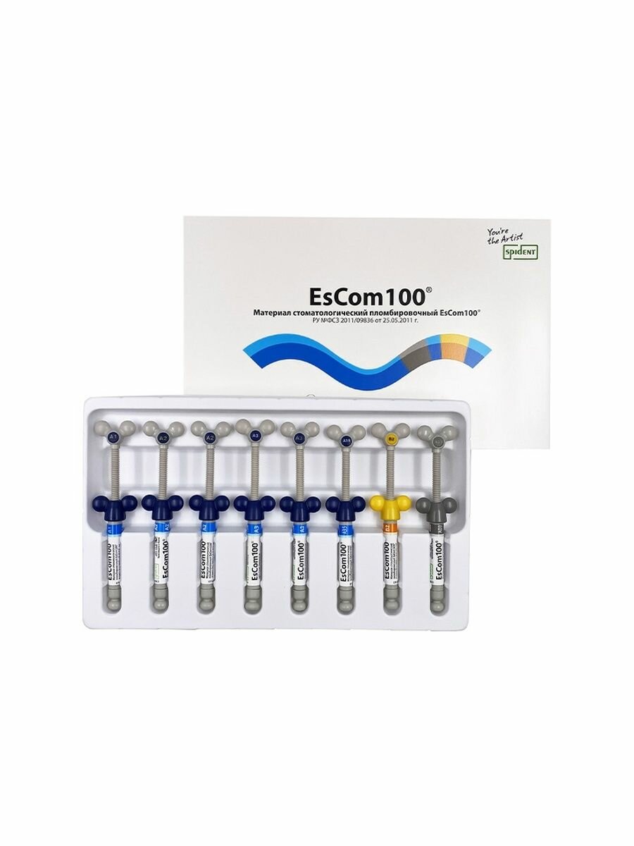 Стоматологический композит Spident ЭсКом 100 (EsCom100 Kit), большой набор, 8 шприцов по 4г