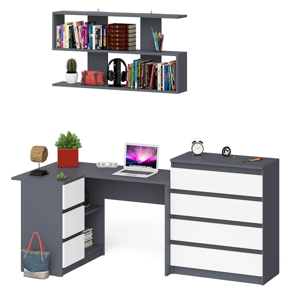 Стол компьютерный Мори МС-16 с 3 ящиками слева с книжной полкой и комод 4 ящика, графит/белый, 204,8х84,9х209,6 см.