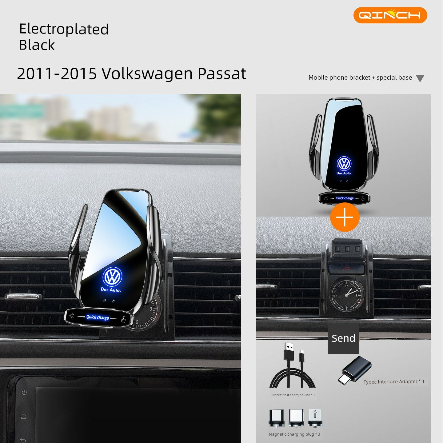 Держатель для телефона Volkswagen Passat 2011-2015 — беспроводная зарядка 15Вт, умное определение, глянцевый черный