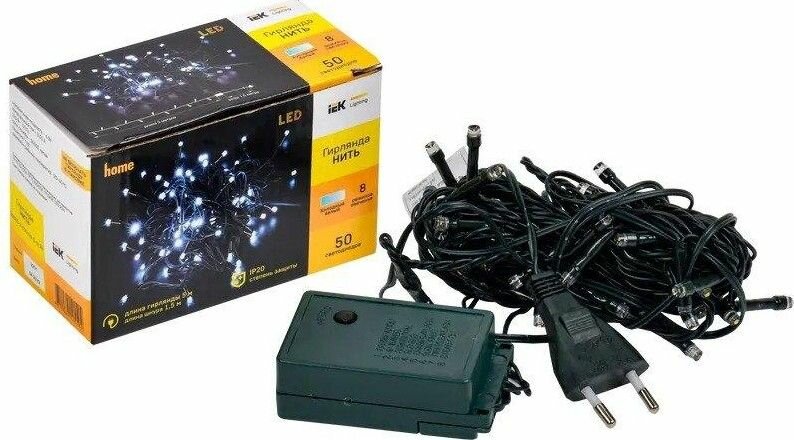 Гирлянда-нить IEK 5м 50 LED холодный белый свет IP20 зелёный шнур с контроллером 8 режимов