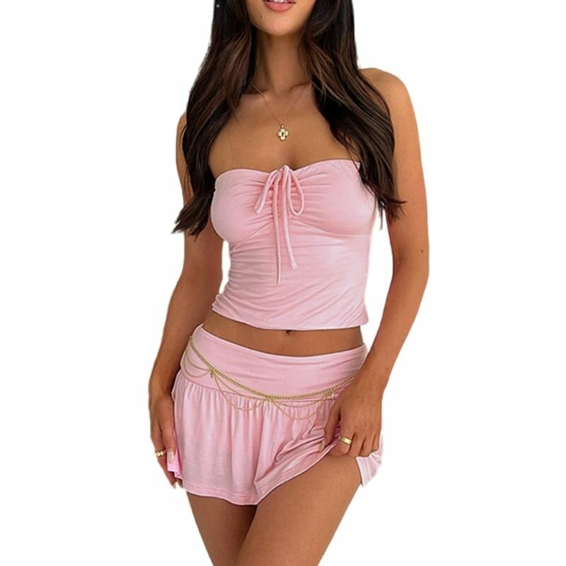 Повседневный костюм с плиссированной юбкой-топом на бретельках и оборками-розовый-L