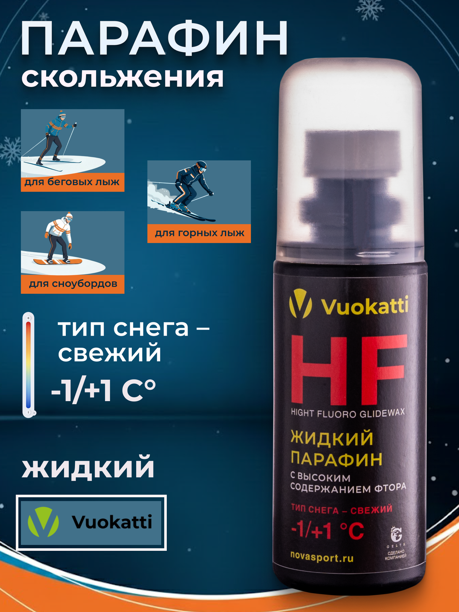 Парафин для лыж сноубордов VUOKATTI HF -1С/ +1С жидкий воск с фтором 50 грамм
